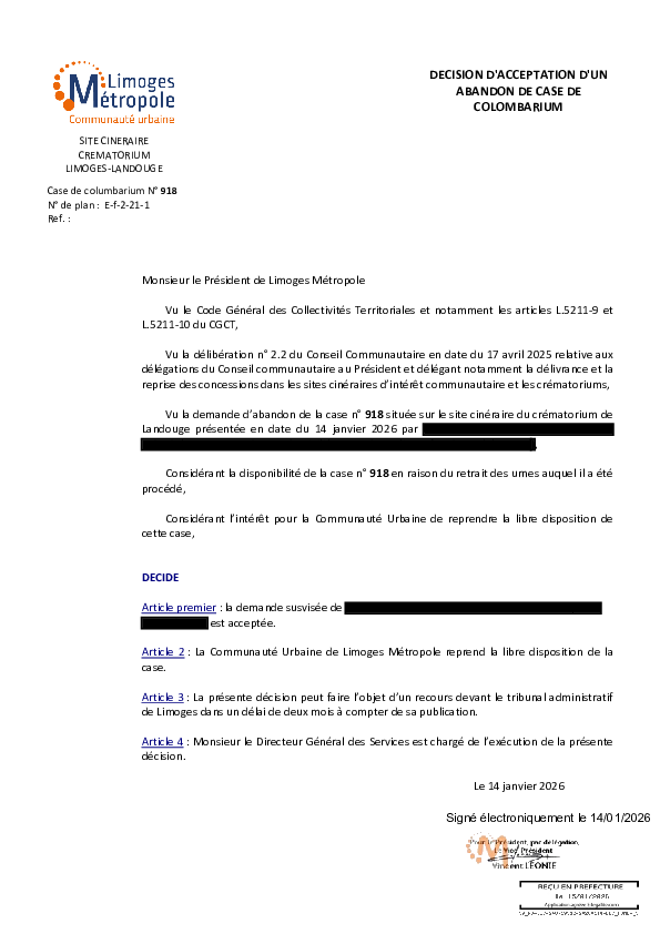 Décision d'acceptation d'un abandon de case de colombarium - 918 ...