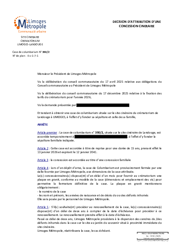 Décision d'attribution d'une concession cinéraire - 390_2 - Limoges ...