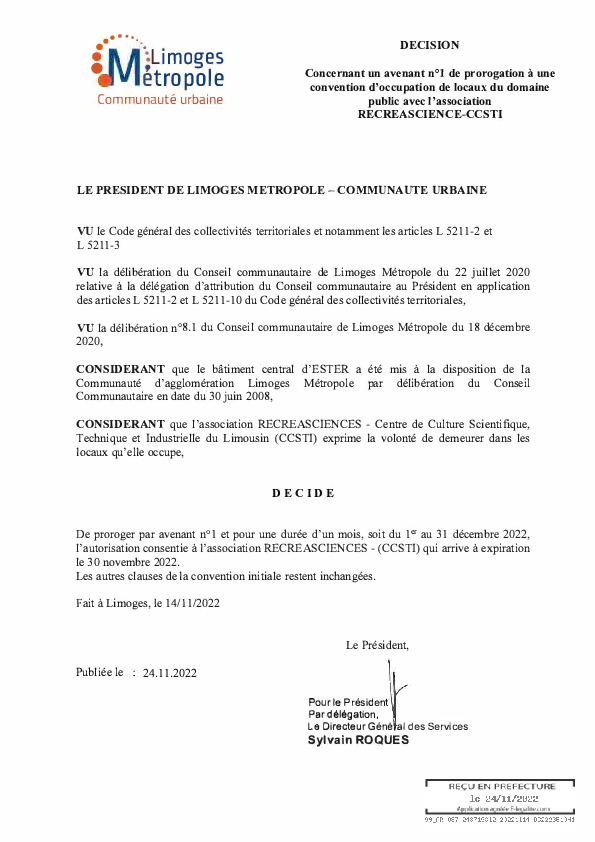 Décision concernant un avenant n°1 de prorogation à une convention d'occupation de locaux du ...