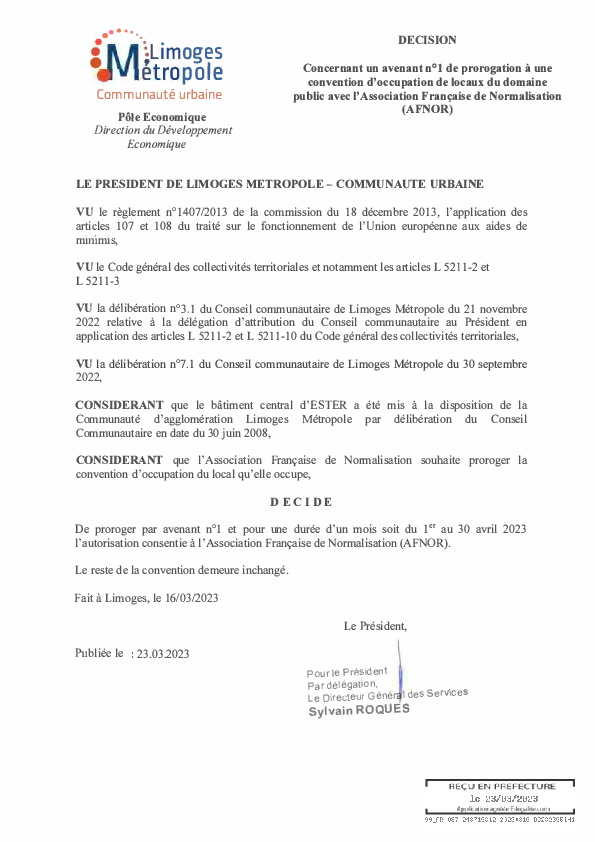 Décision concernant un avenant n°1 de prorogation à une convention d'occupation de locaux du ...