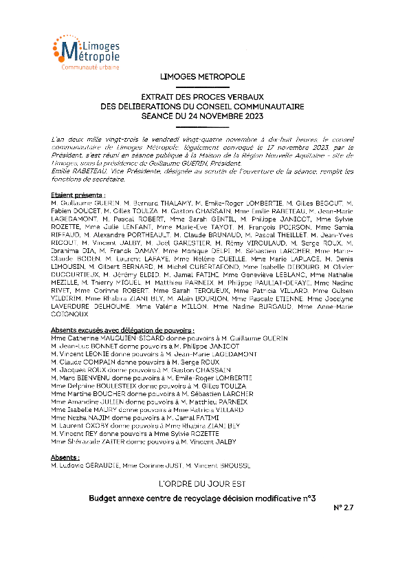 Budget annexe centre de recyclage décision modificative n°3 - Limoges Métropole