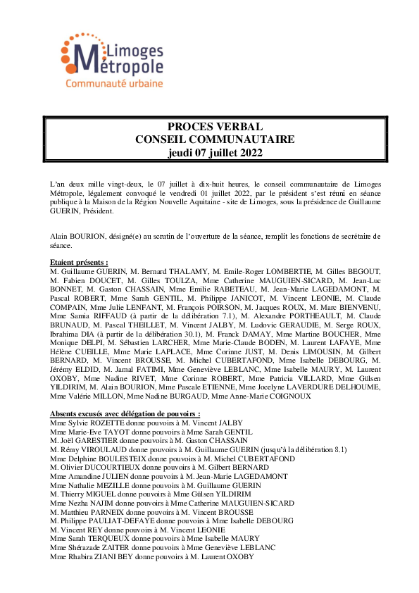Procès-verbal du conseil communautaire du 7 juillet 2022 - Limoges Métropole