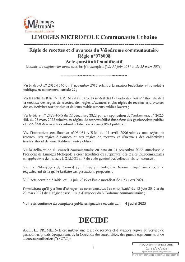 Acte constitutif modificatif - Régie de recettes et d'avances du ...