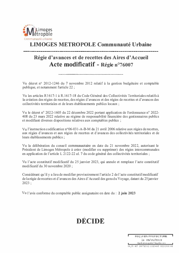 Acte modificatif - Régie d'avances et de recettes des Aires d'Accueil ...