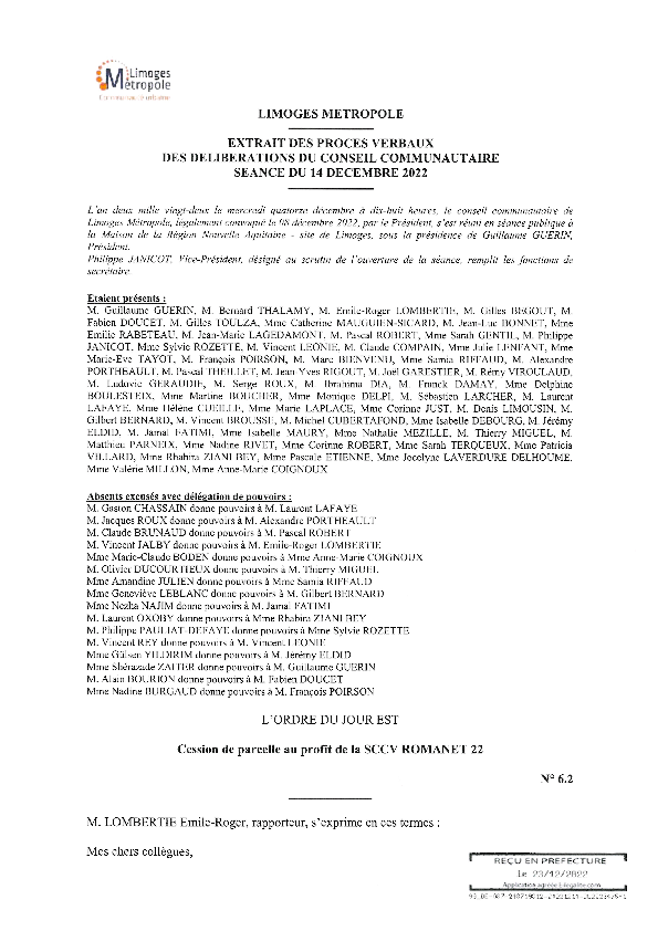 Cession de parcelle au profit de la SCCV ROMANET 22 - Limoges Métropole